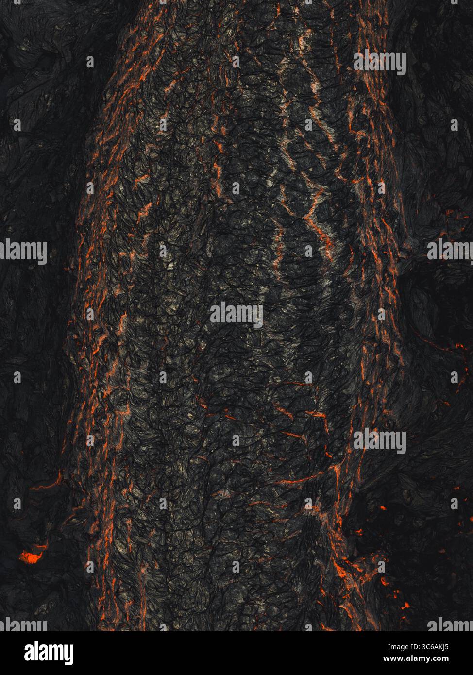 Aerial view of fiery rivers of lava carve through the stark, obsidian ...