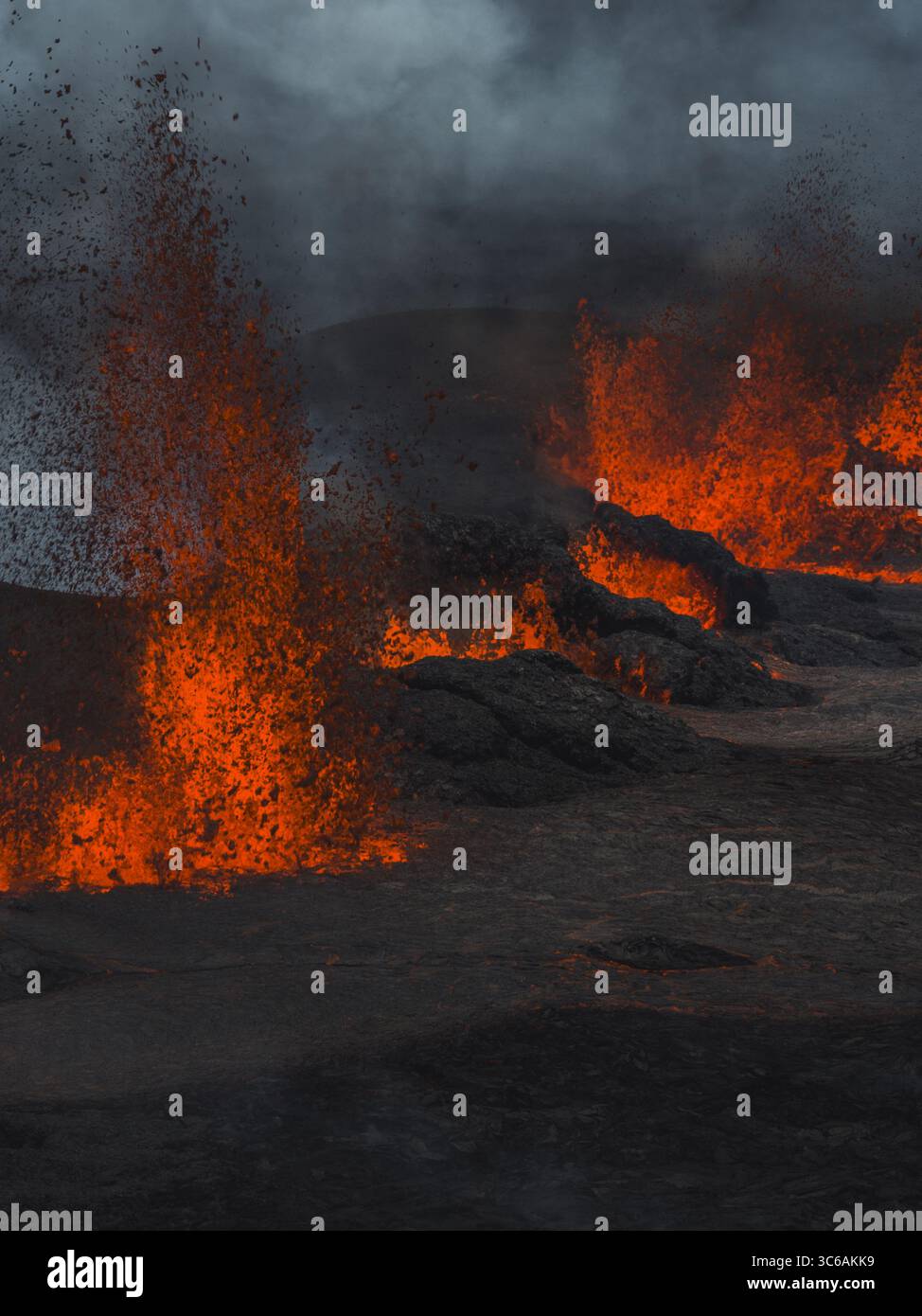 Aerial view of fiery lava erupts against the stark black landscape, a ...