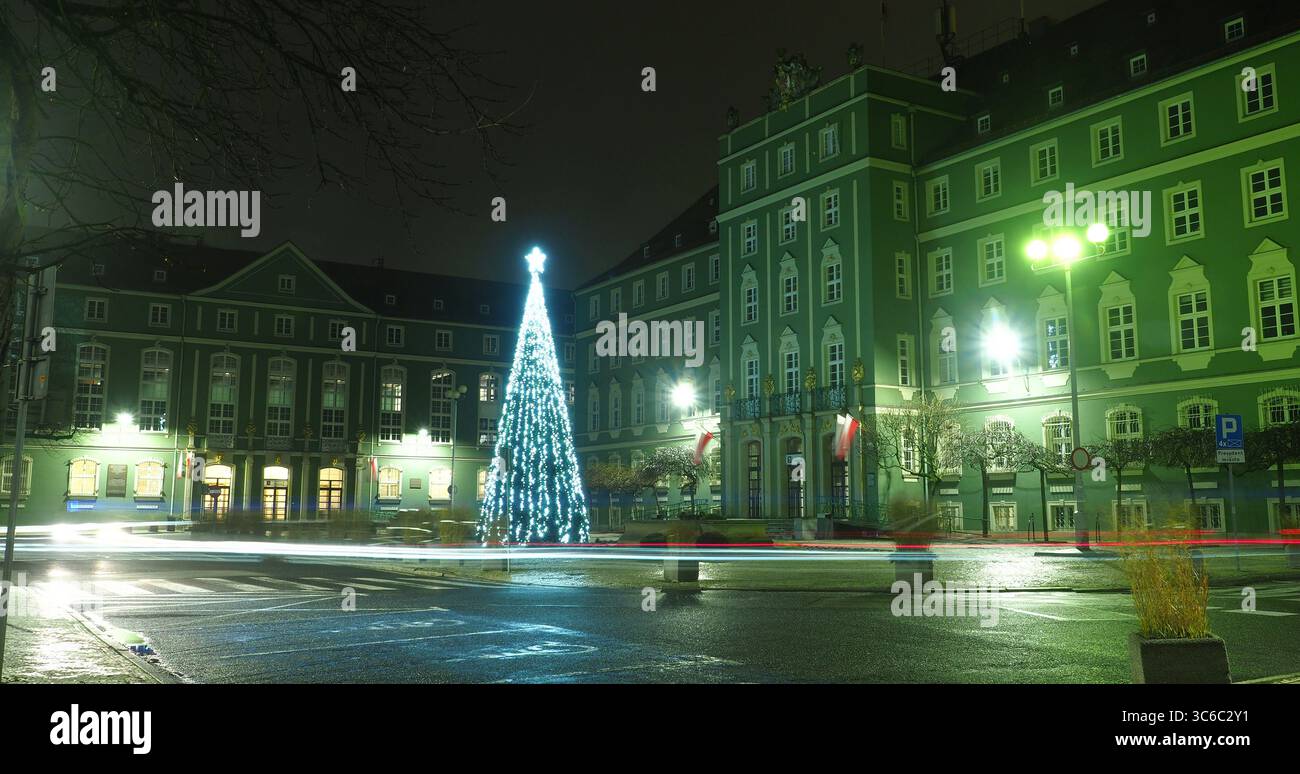 Szczecin City Hall with Illuminated Christmas Tree and Light Trails at ...
