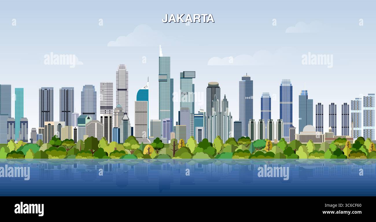 Jakarta city skyline on gradient beautiful day sky background. Vector ...
