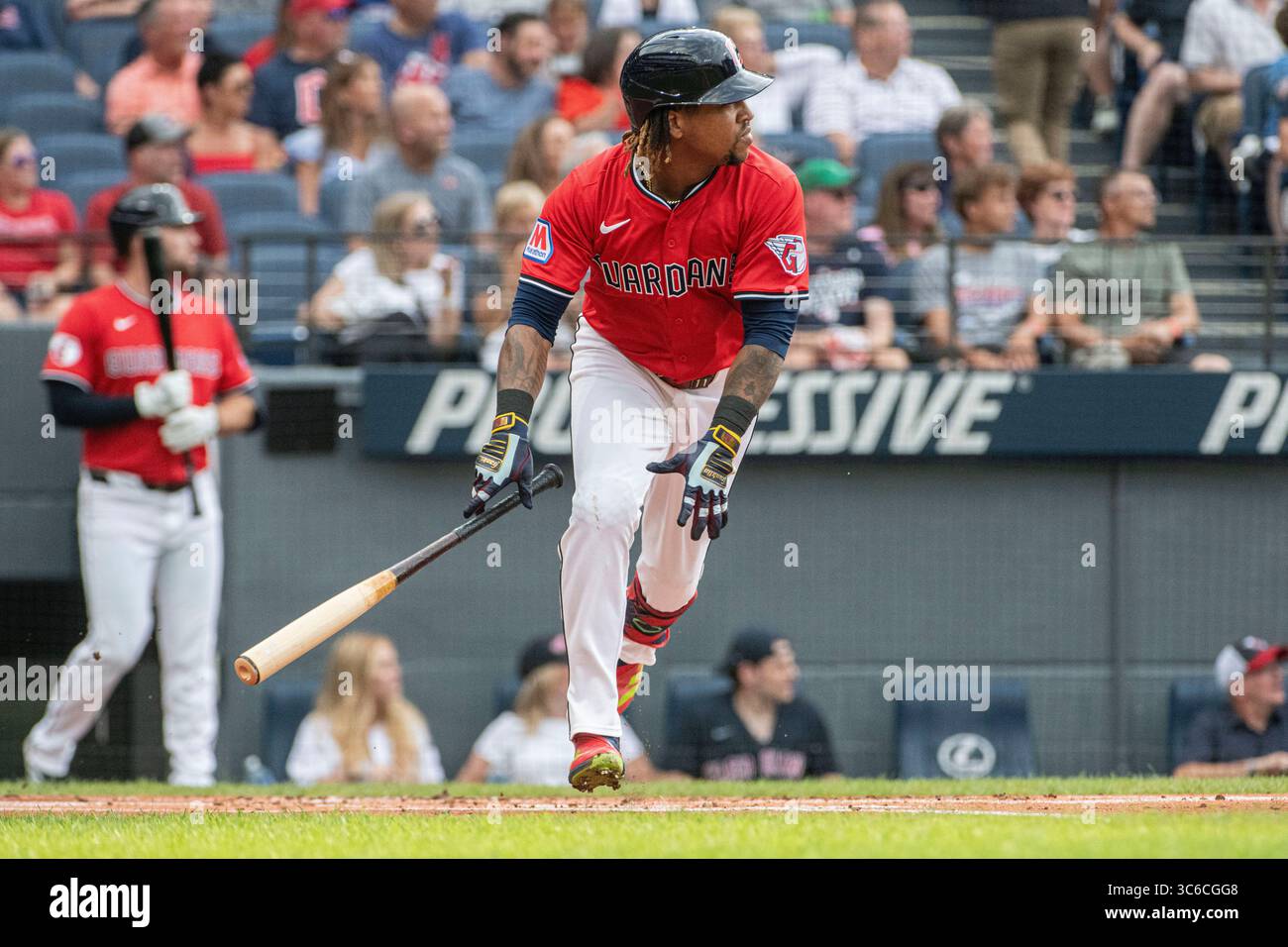 Cleveland Guardians' Jose Ramirez watches his hit off Colorado Rockies ...
