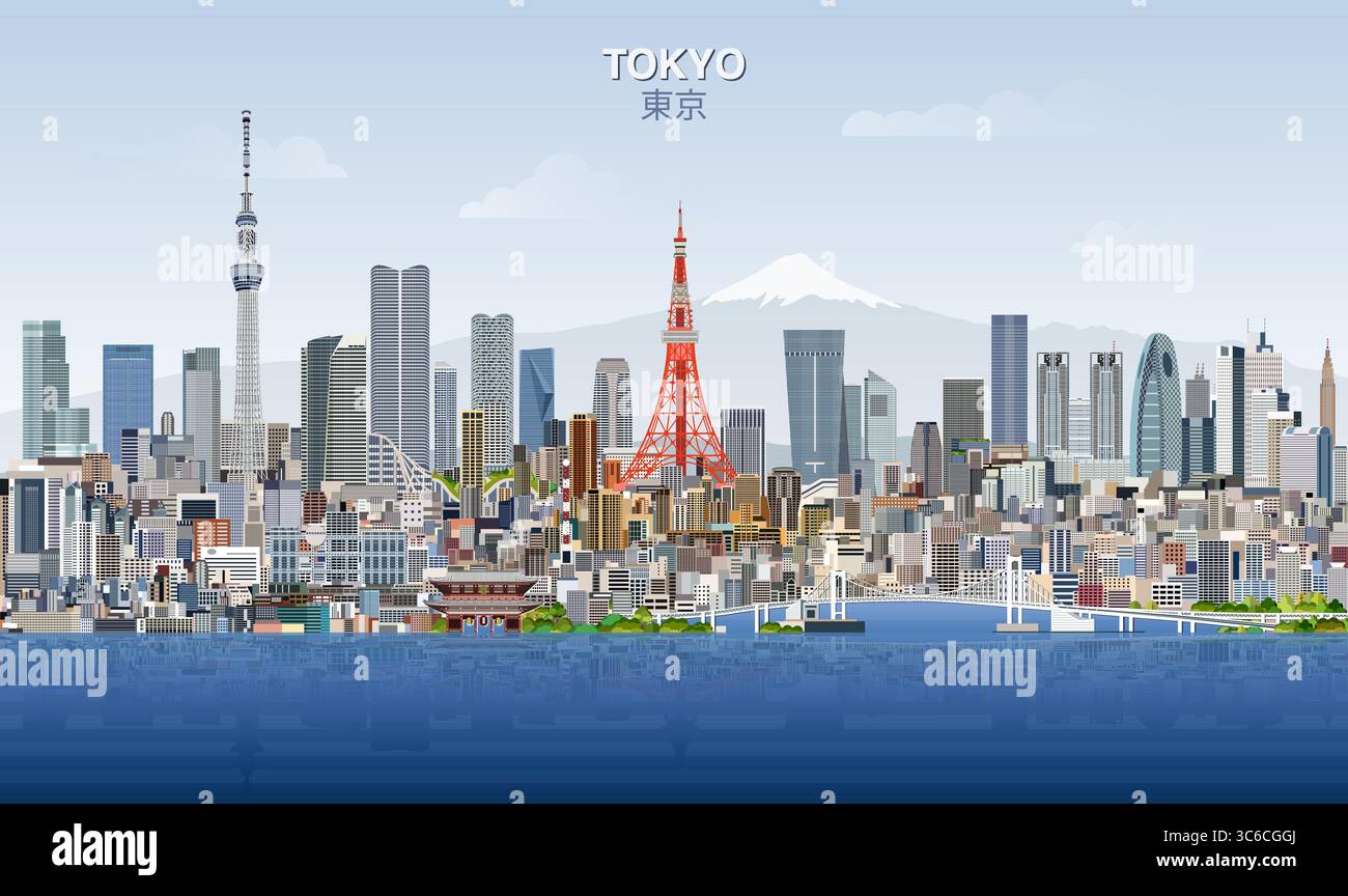 Tokyo city skyline on gradient beautiful day sky background. Vector ...