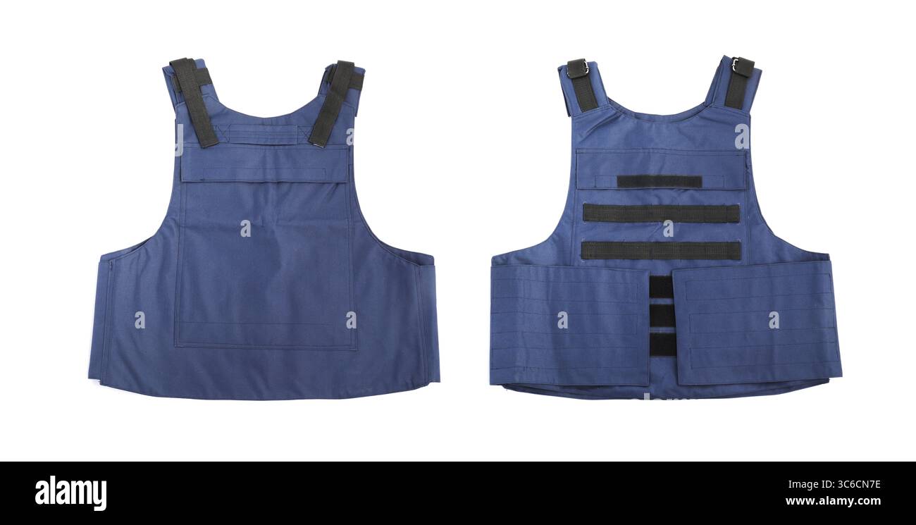 Bulletproof vest on white background, back and front. Police equipment ...