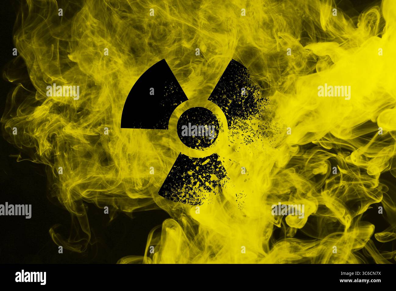 Radioactive sign and yellow toxic smoke against black background Stock ...