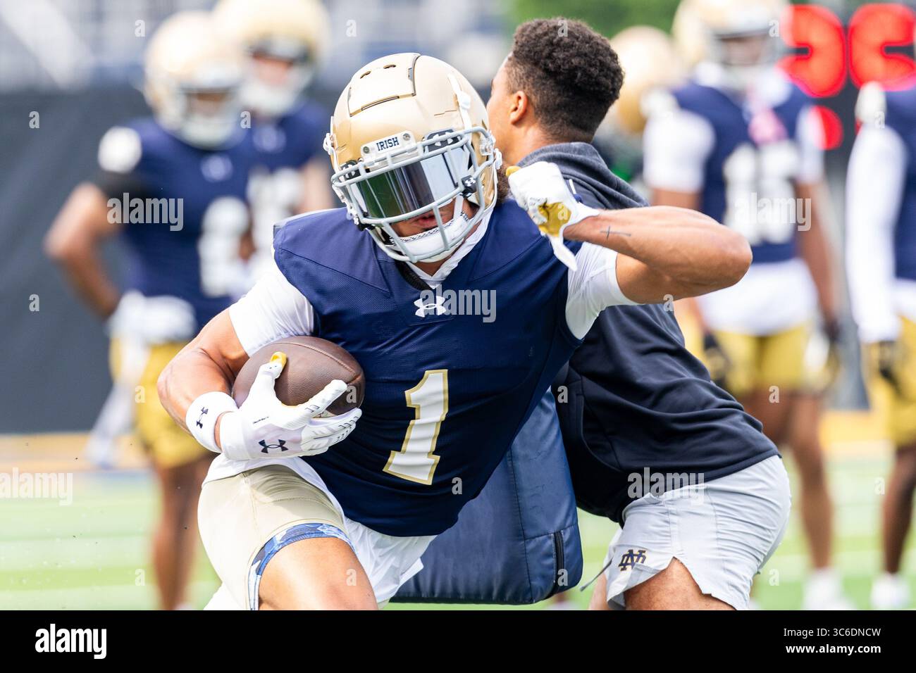 July 31, 2025: Notre Dame wide receiver Jaden Greathouse (1) runs drill ...