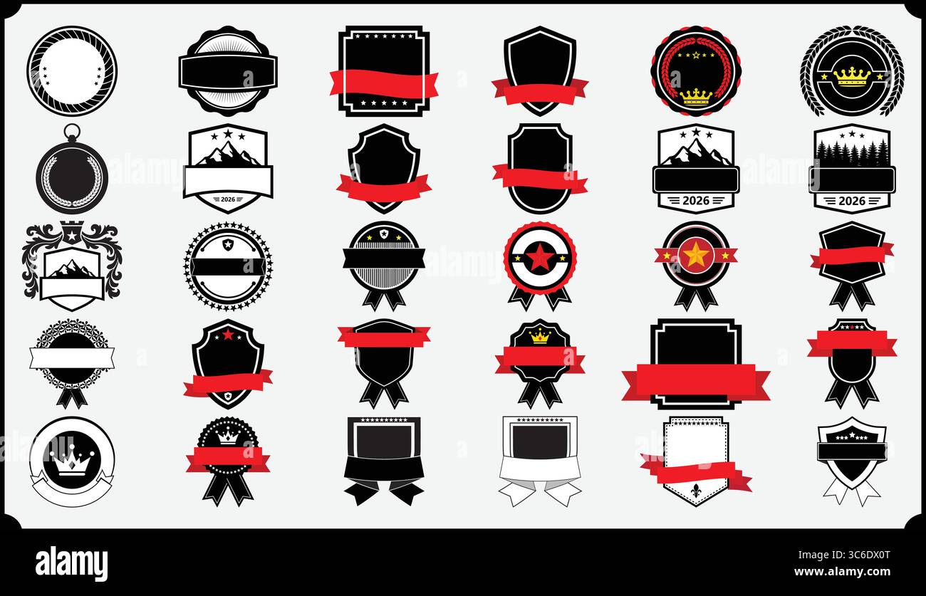 Collection of various black and white badge designs with red ribbon ...