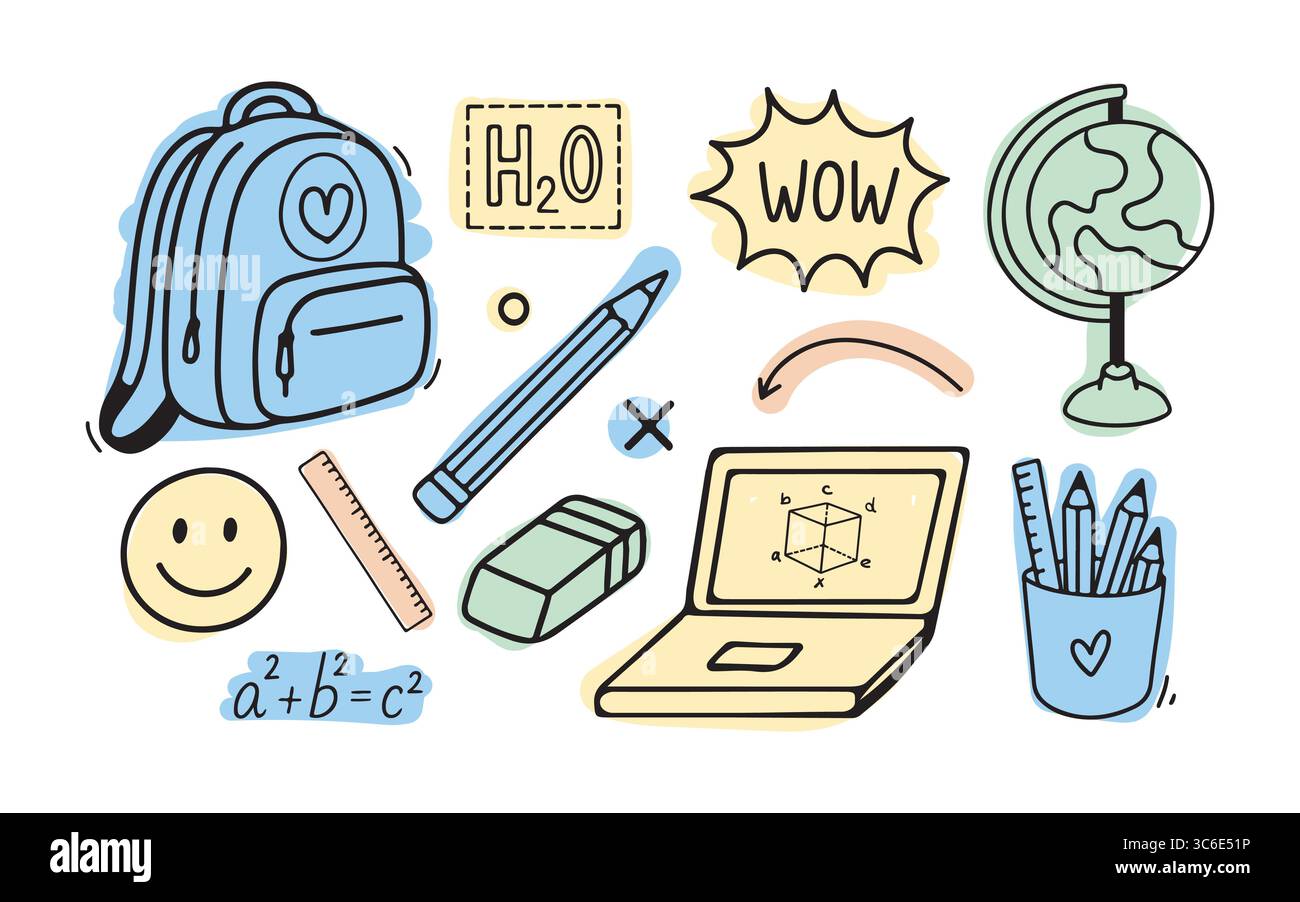 Set of school supplies. Back to school. Black and white sketch ...