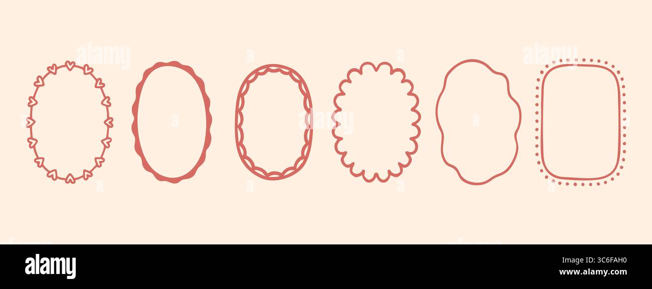 Cute hand drawn oval doodle frames with hearts and scalloped edges in ...