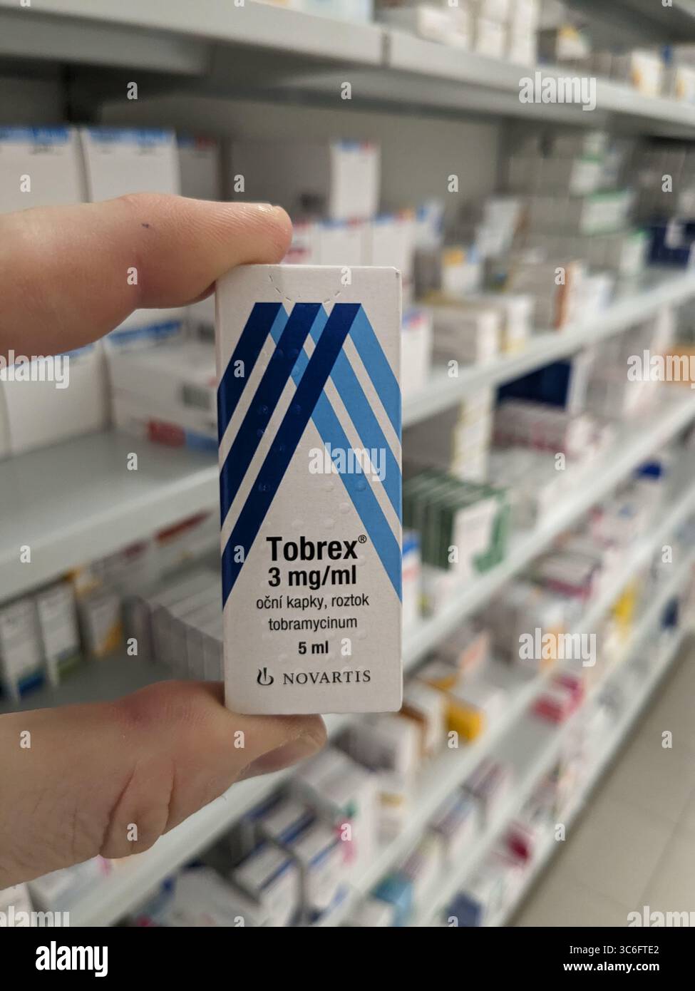 Prague,Czech Republic-May 6 2025: Tobrex antibiotic eye drops with ...