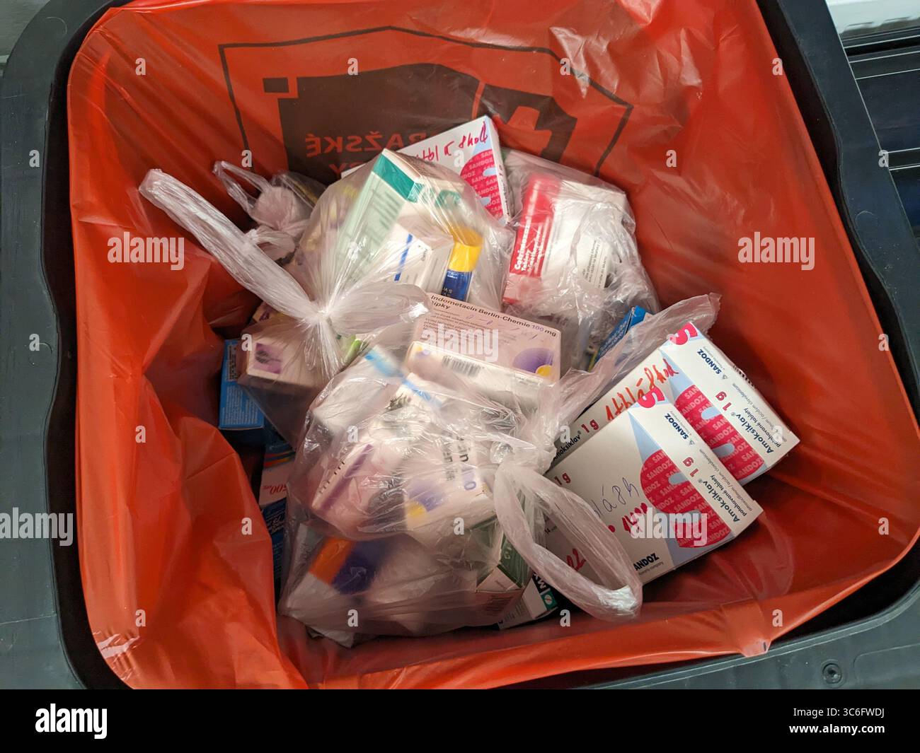Prague,Czech Republic-May 6 2025: Pharmacy bin filled with expired ...