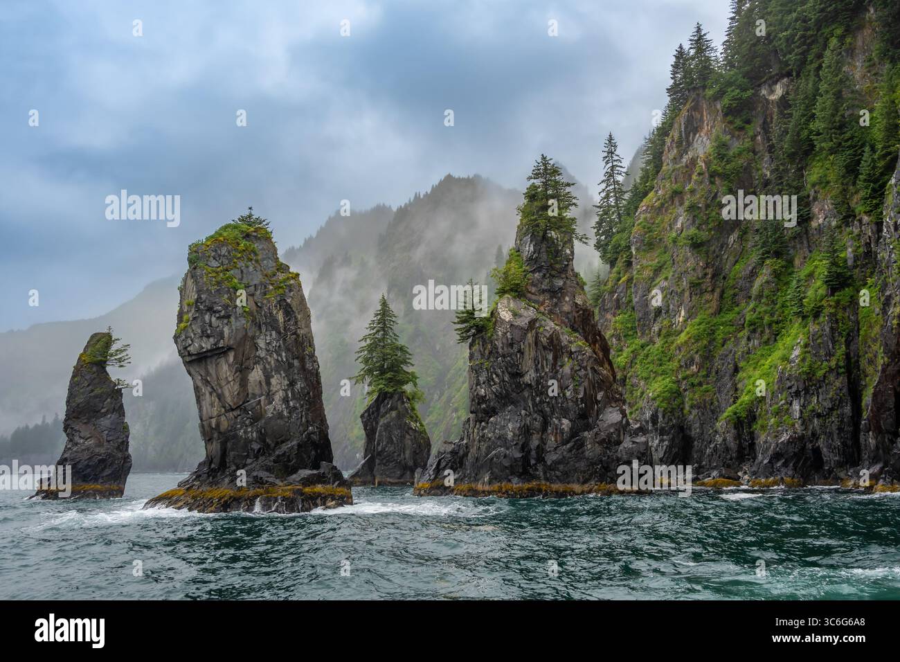 Misty Sea stacks in Spire Cove seascape, Resurrection Bay, Kenai Fjords ...