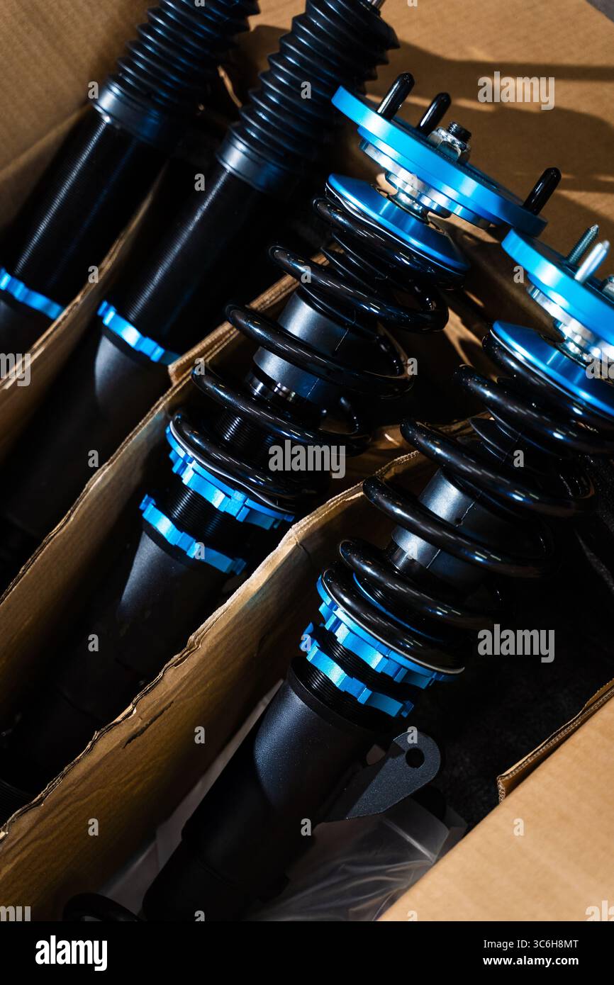 Drift Coilover Suspension Set in Box. High-performance coilovers for drift build ready for ...