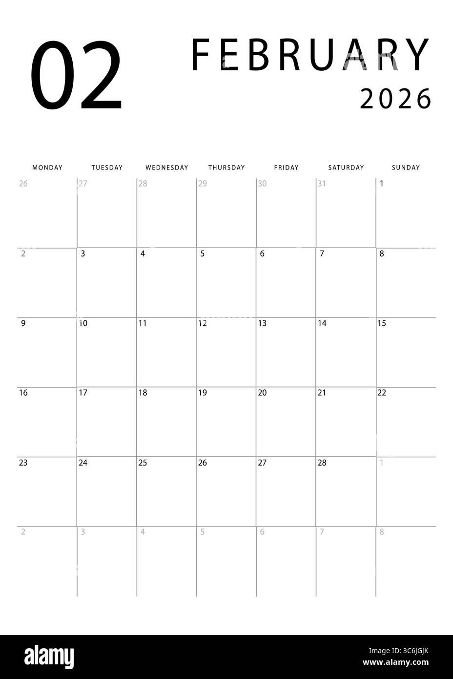 February 2026 calendar. Clean and simple monthly planner template ...