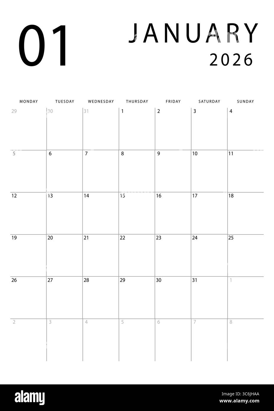 January 2026 calendar. Clean and simple monthly planner template ...
