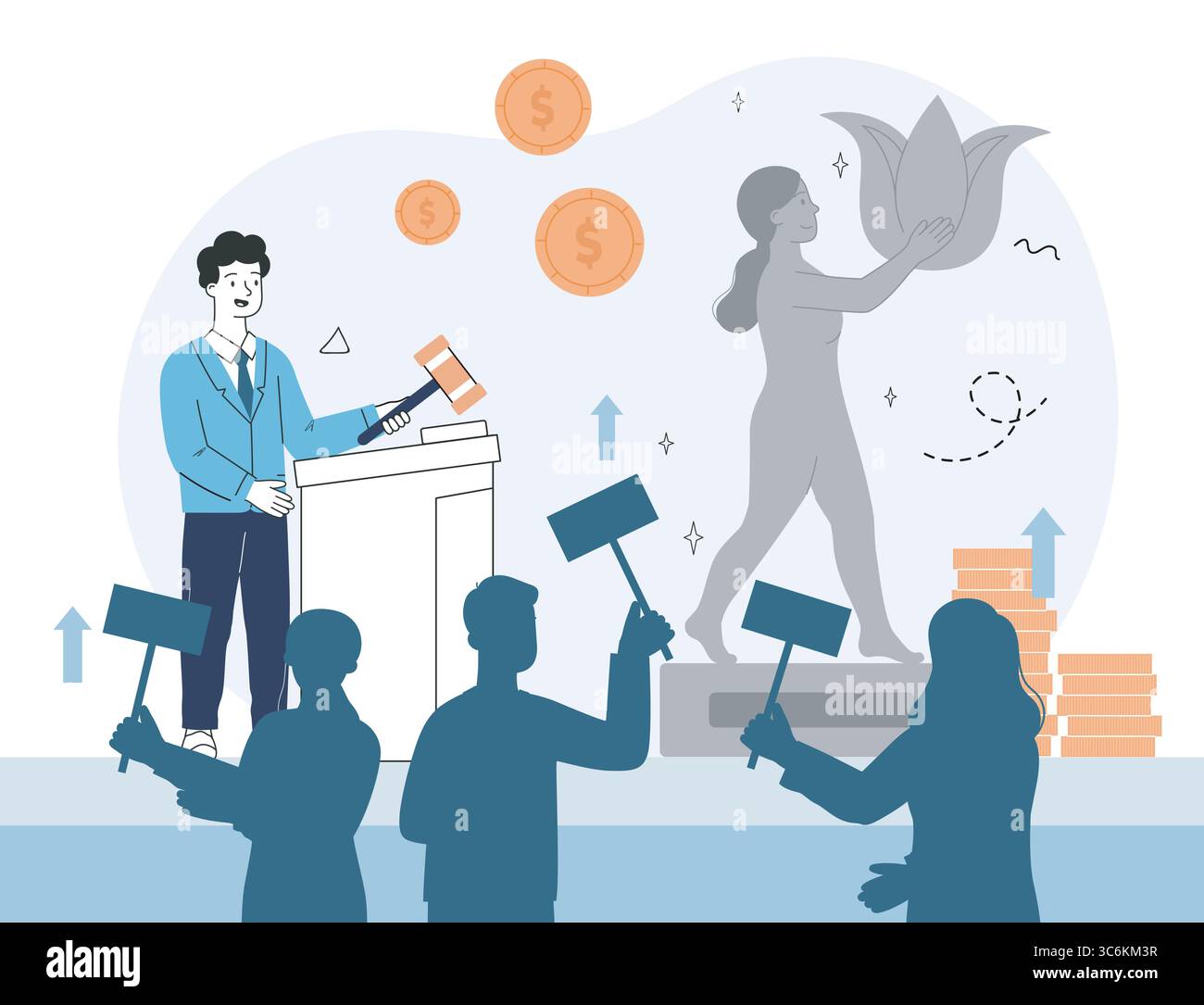 Auction scene with statue bidding concept. Vector illustration Stock ...