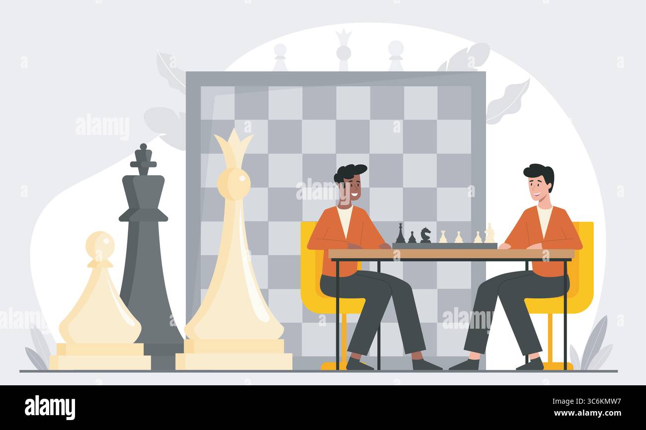 Two men playing chess game indoors. Vector illustration Stock Vector ...