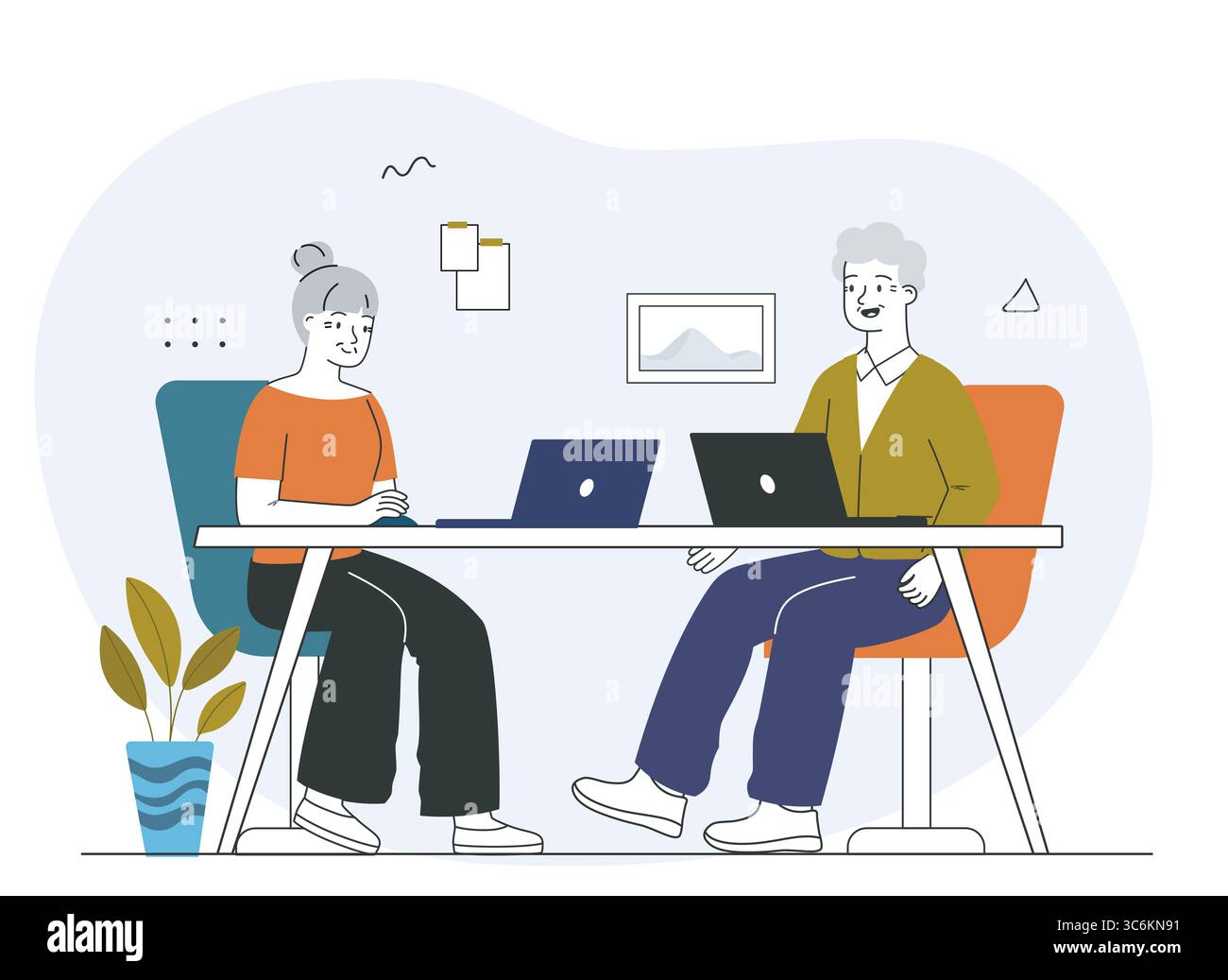 Two people working at laptops indoors. Vector illustration Stock Vector ...