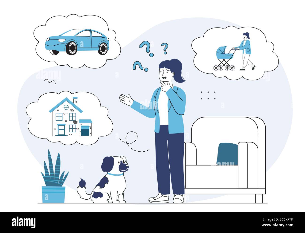 Woman thinking about life choices at home. Vector illustration Stock ...