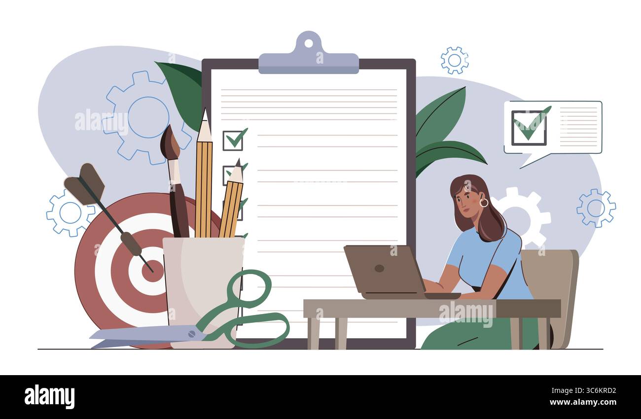 Task checklist and creative workspace scene. Vector illustration Stock ...