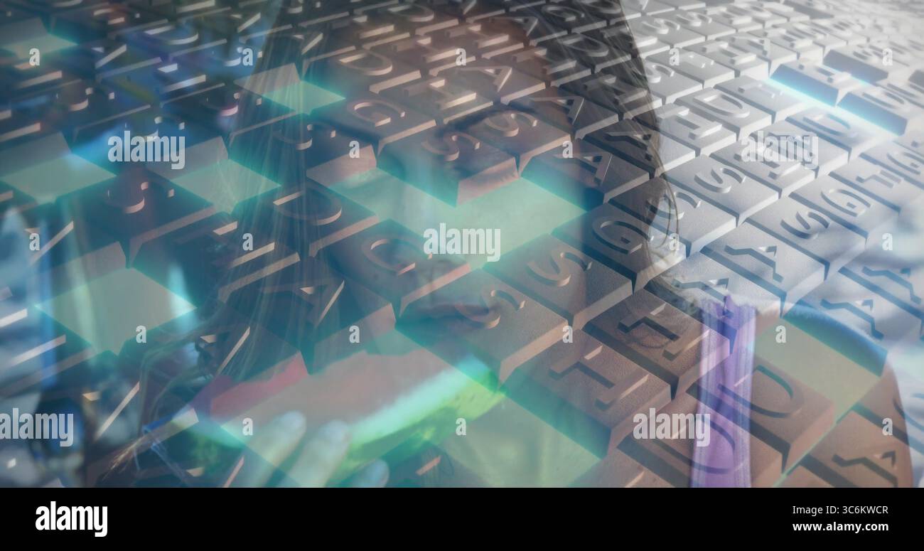 Biting woman in purple top in double exposure with keyboard keys ...