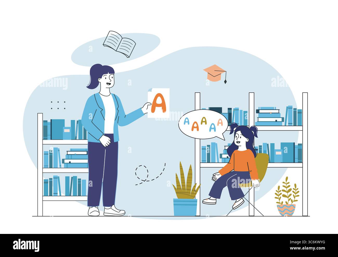 Teacher helping child learn alphabet letters. Vector illustration Stock ...