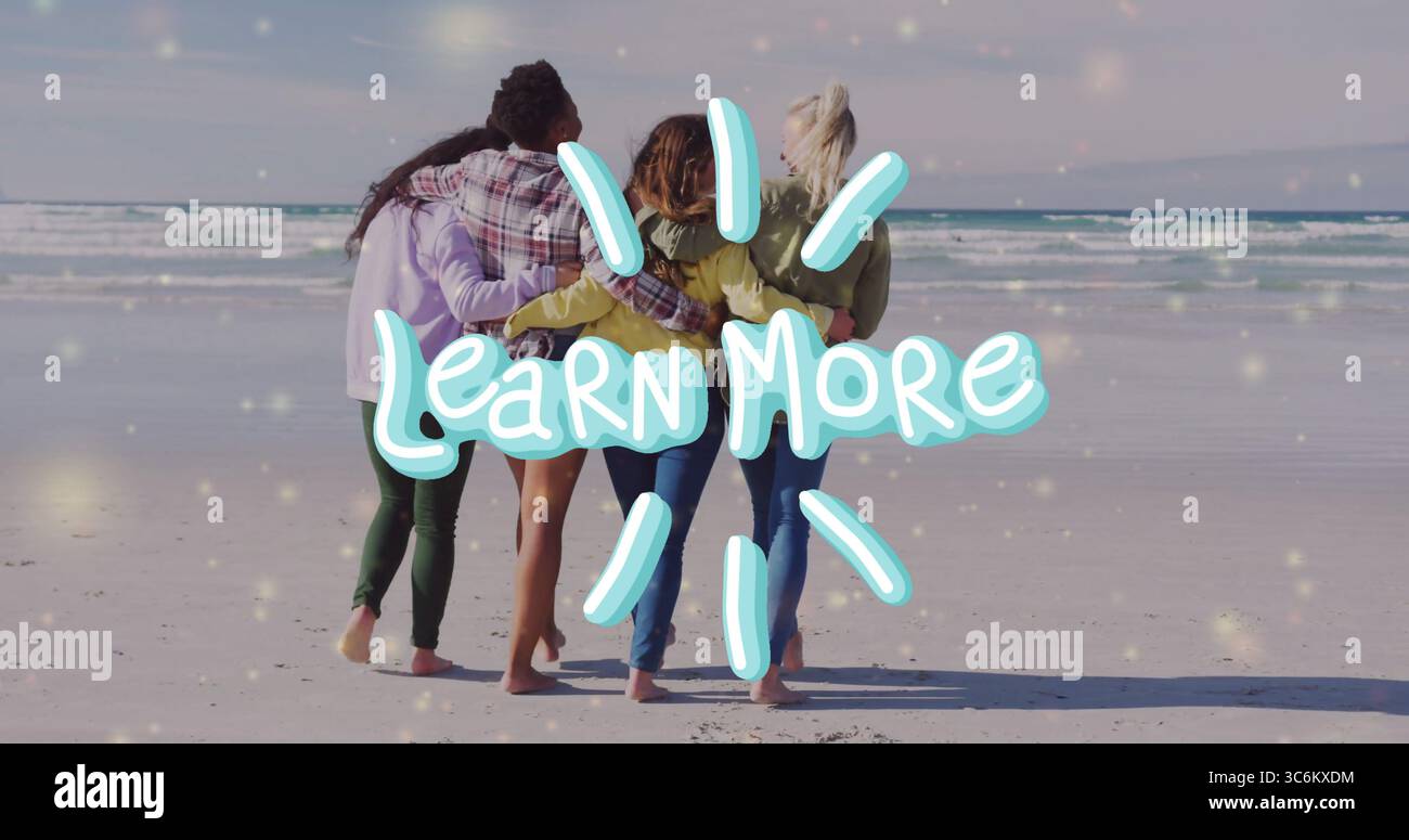 Walking four barefoot women linking arms on sandy shoreline, with Learn ...