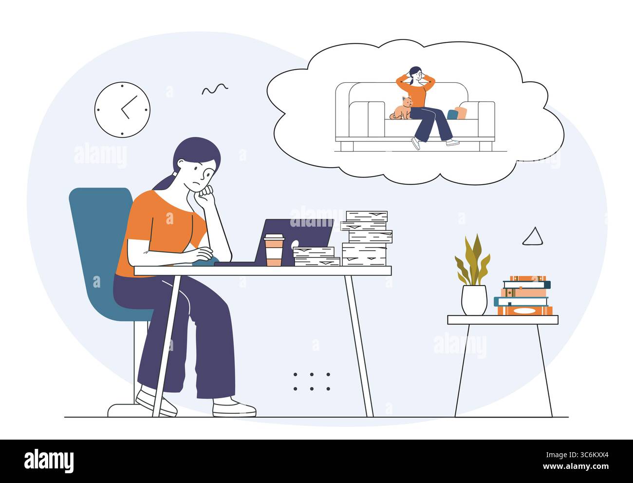Woman dreaming of relaxation at work. Vector illustration Stock Vector ...