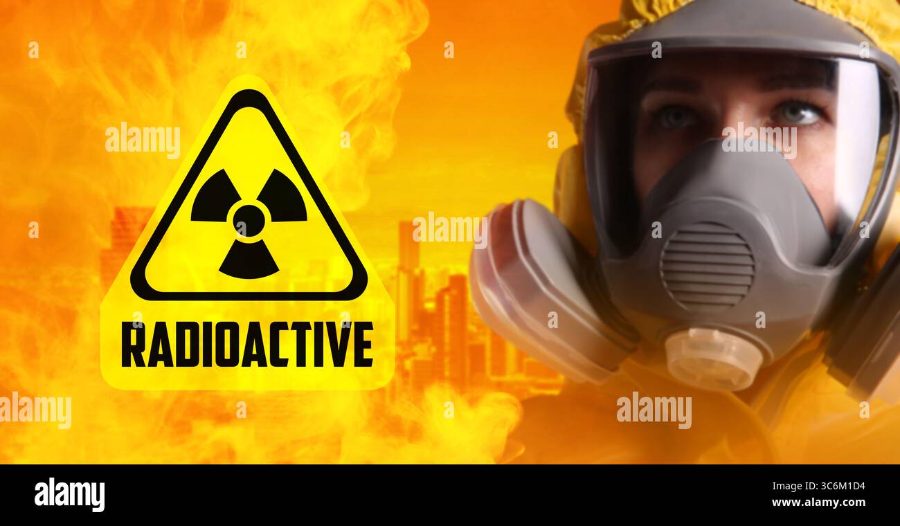 Radioactive hazard. Woman in hazmat suit and gas mask against polluted ...