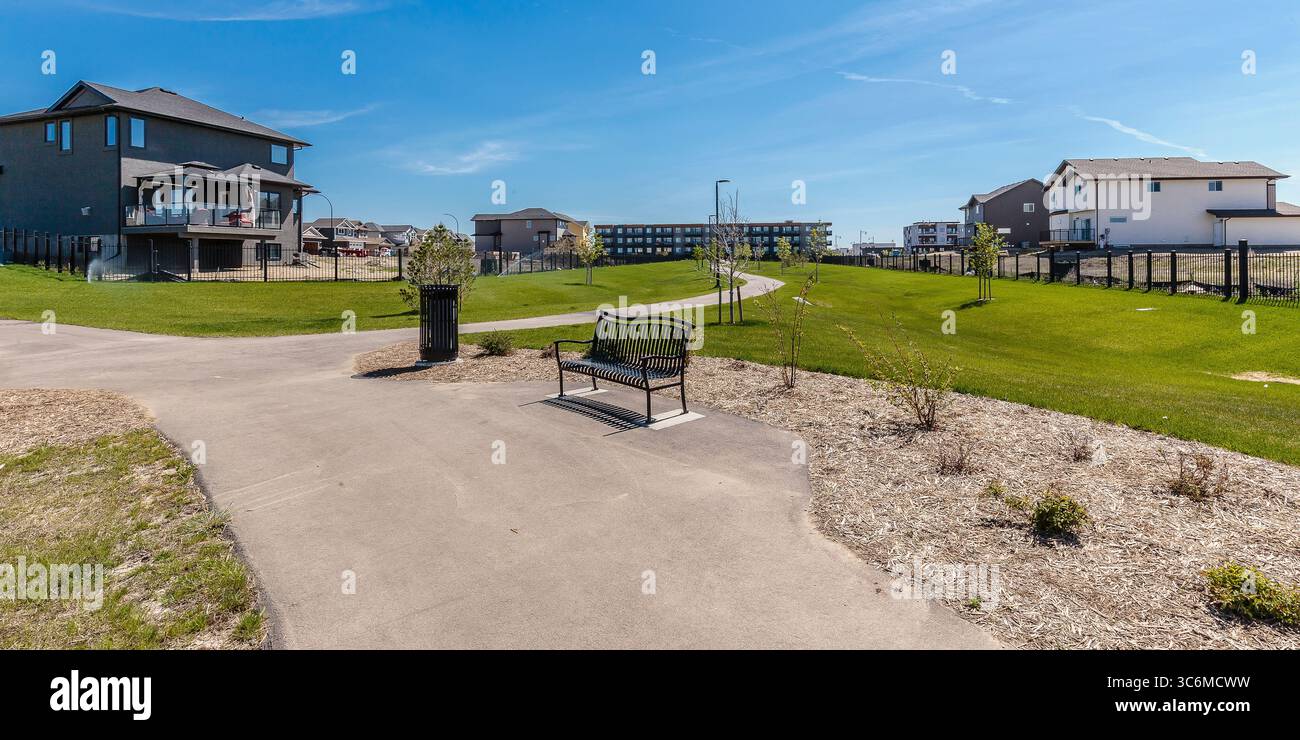Park with a bench and a path. The bench is empty. The sky is blue and ...