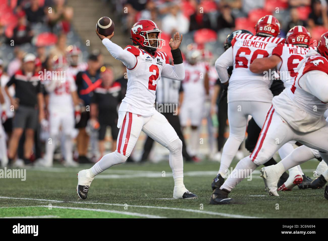 July 31, 2025: Calgary Stampeders quarterback P.J. Walker (2) throws ...