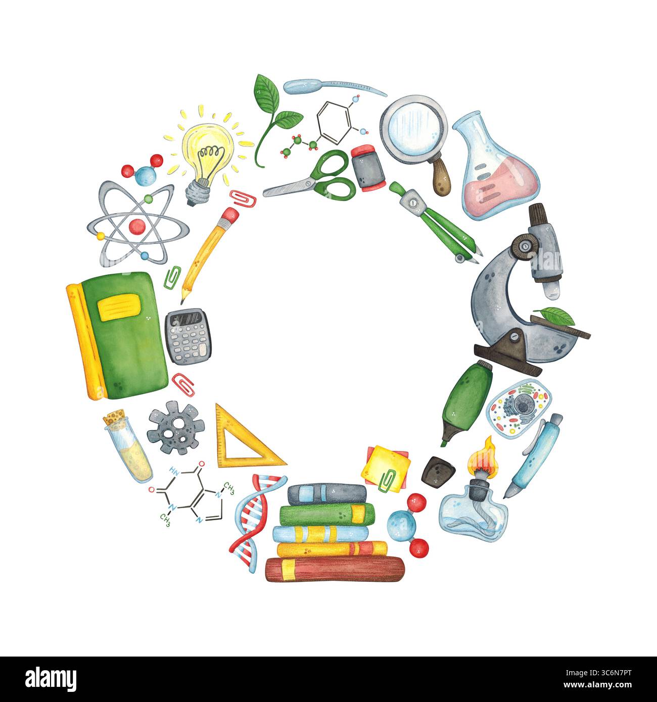 Round frame of school supplies and laboratory equipment. Watercolor ...