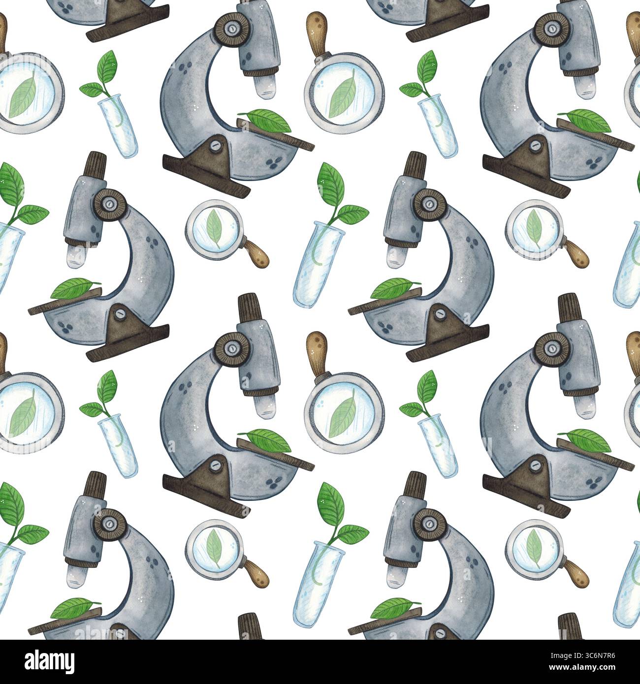 Seamless pattern with microscopes, magnifying glasses and green leaves ...