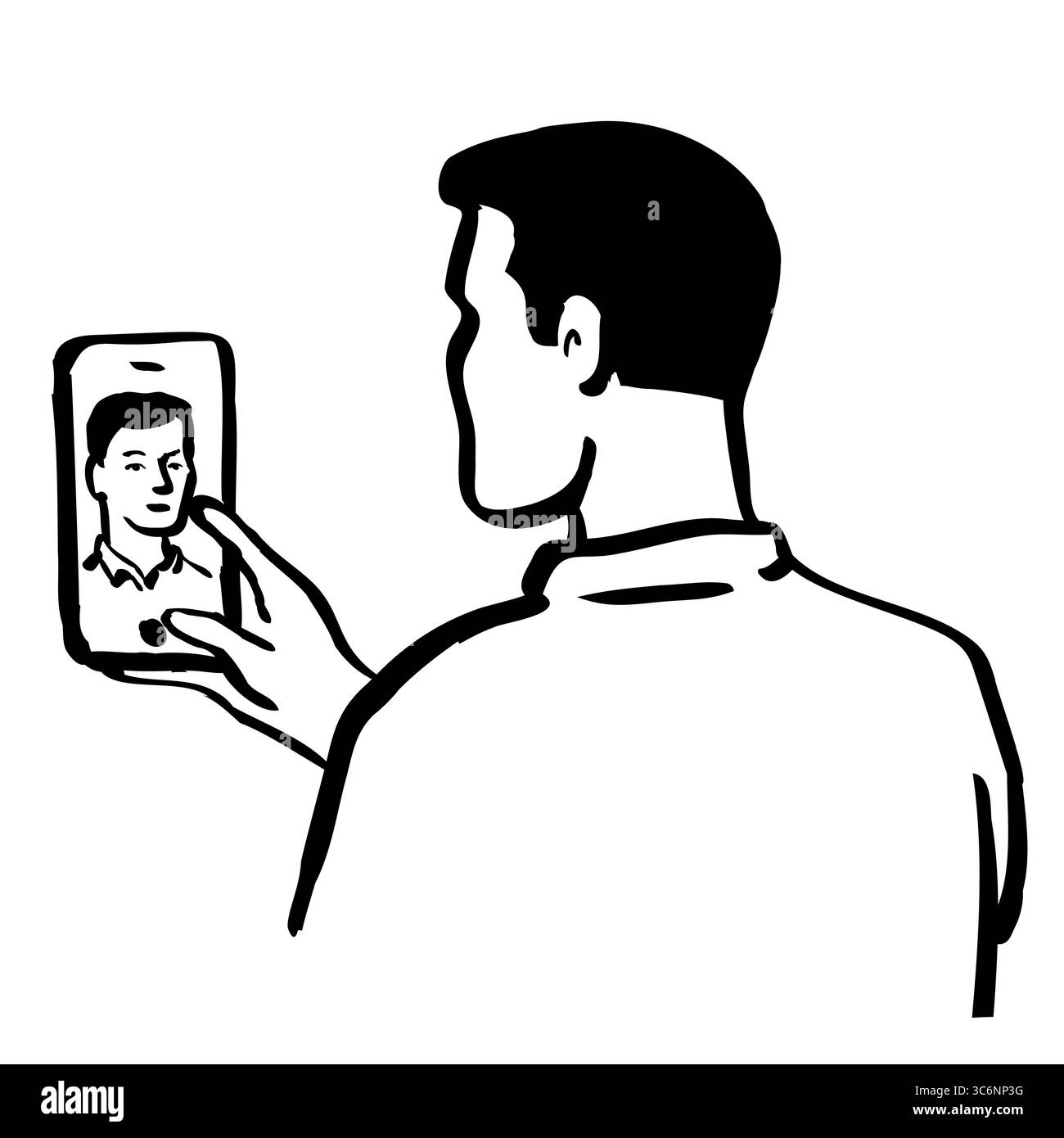 Drawing sketch style illustration of a man taking selfie with ...