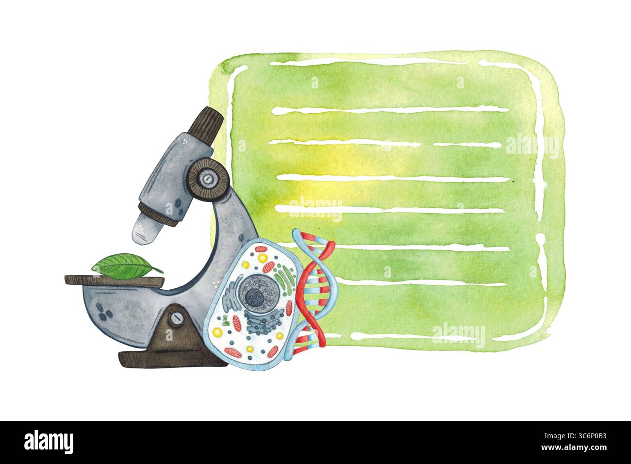 Sticker for notes with microscope, cell and DNA molecule. Watercolor ...