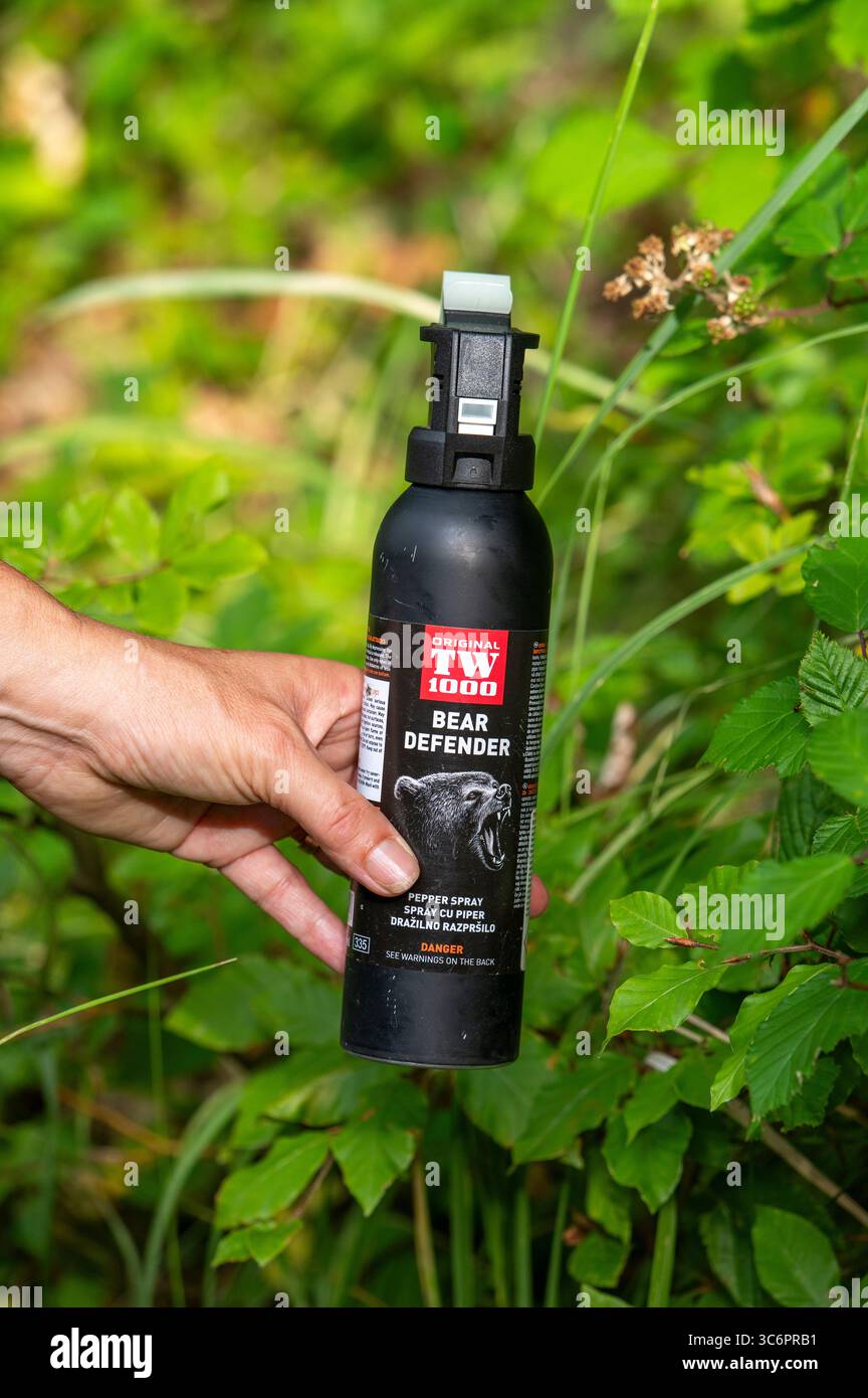 Nova Bana, Slovakia - July, 27, 2025 : Hiker holding Bear Defender ...