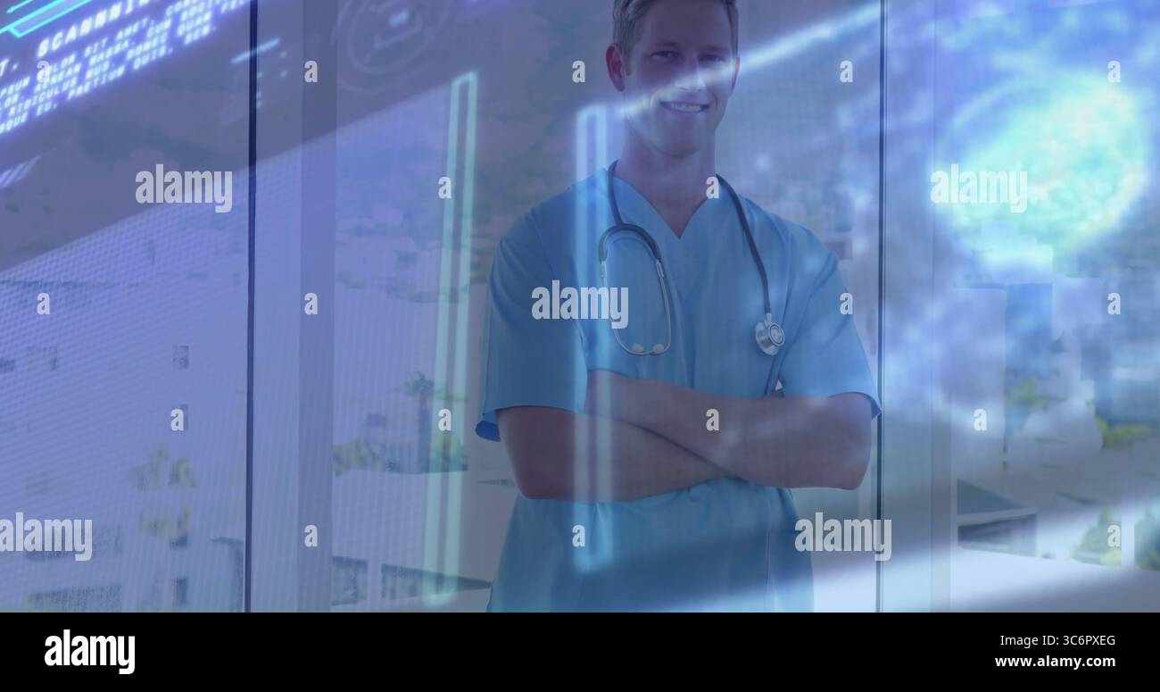 Standing doctor wearing blue scrubs crossing arms at clinic window ...