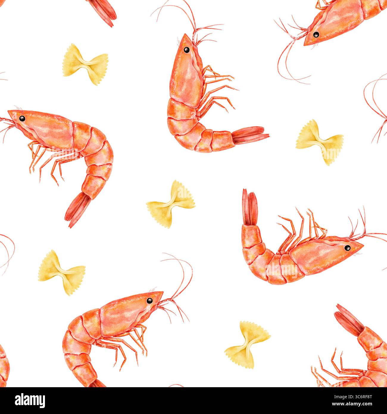 Seamless watercolor pattern with shrimp and farfalle pasta on white ...
