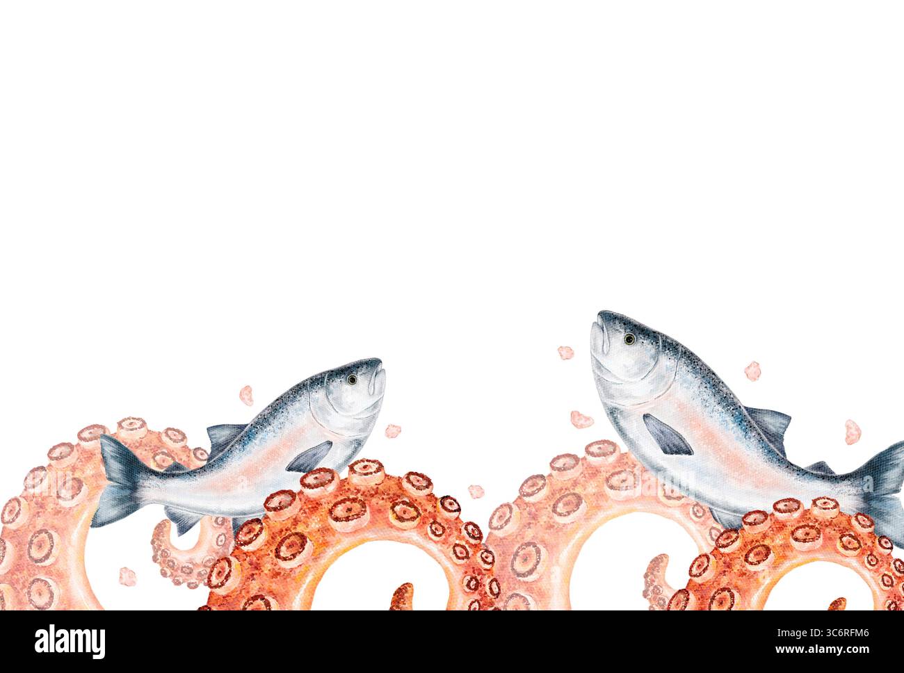 A horizontal border design with hand painted fish, curled octopus ...