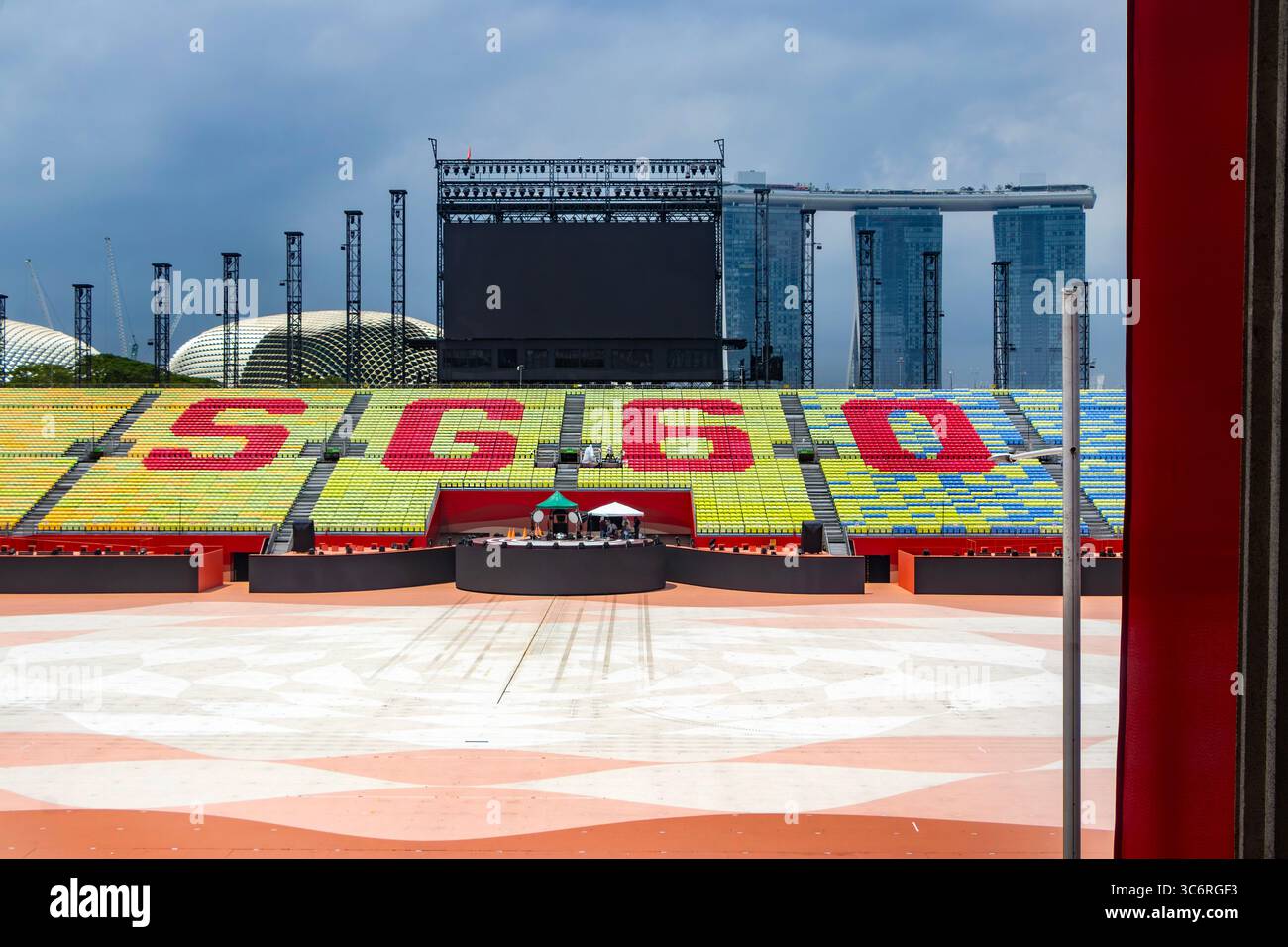 signs for SG60 on stadium seats representing sixty years of Singapore ...