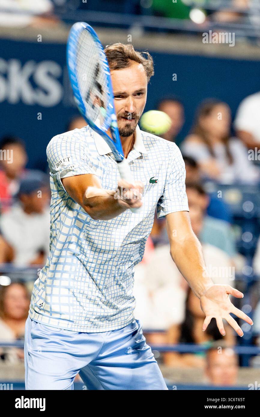 TORONTO, ON - JULY 31: Daniil Medvedev (RUS) returns the ball during ...