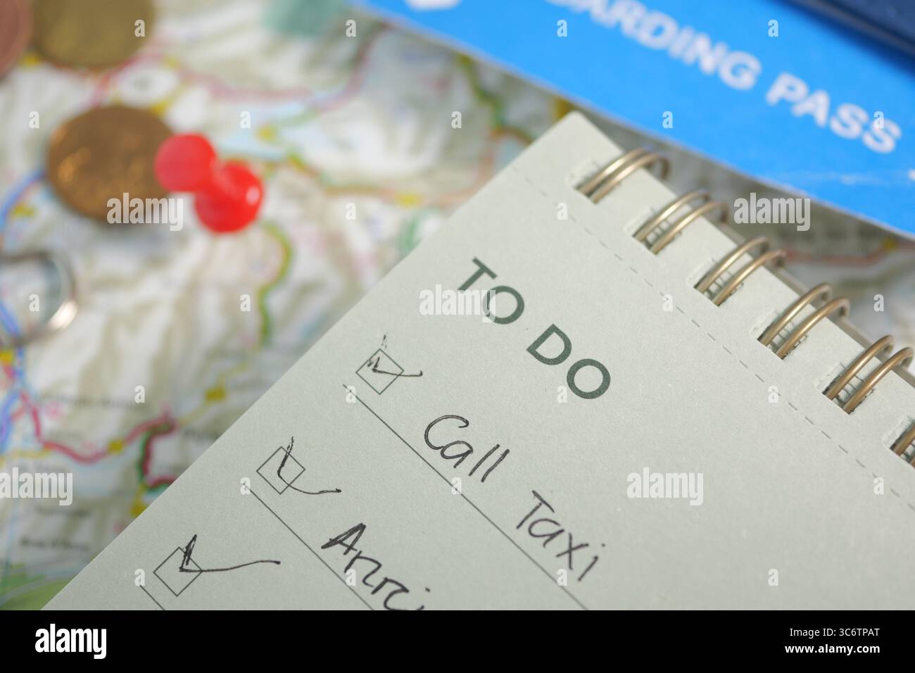 Checklist for travel preparation with tickets and map Stock Photo - Alamy