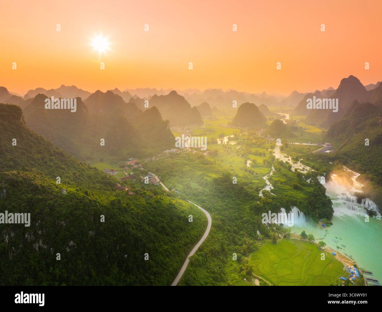 Aerial view of Ban Gioc Detian waterfall in Vietnam China border. The ...