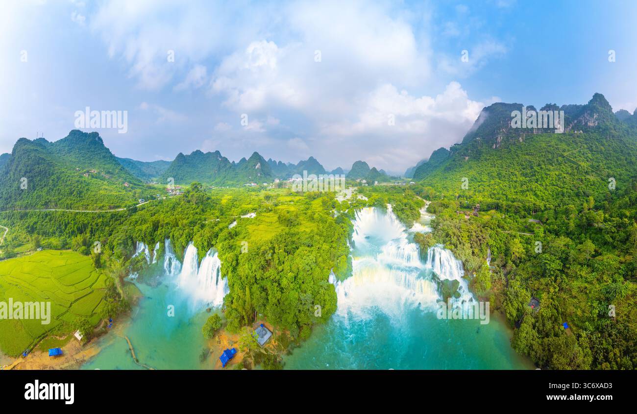 Aerial view of Ban Gioc Detian waterfall in Vietnam China border. The ...