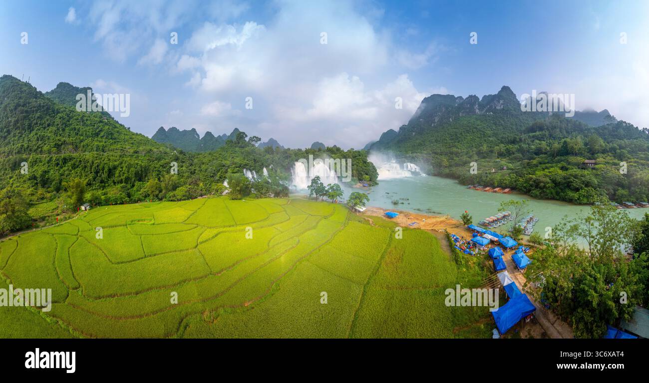 Aerial view of Ban Gioc Detian waterfall in Vietnam China border. The ...