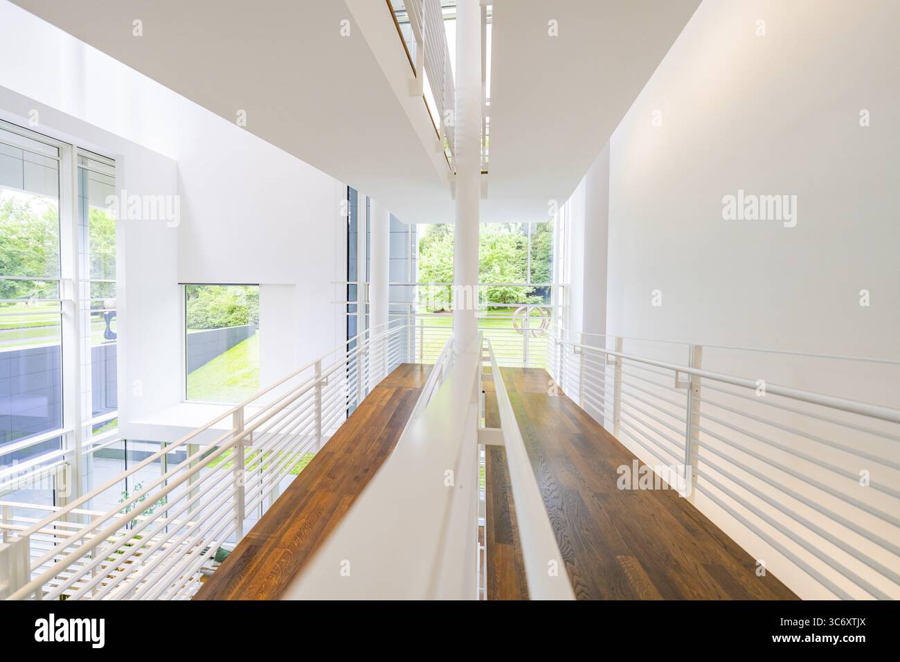 Interior view of a building with modern details and a view of the ...