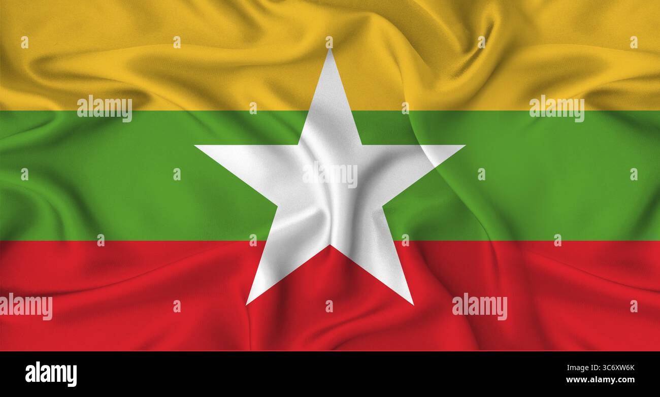 Realistic Myanmar flag waving. Close up of flag of Myanmar with cloth ...