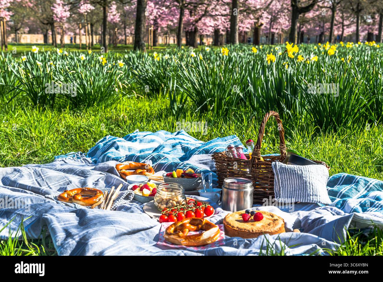 Leisure, finger food and drinks concept - picnic basket, bottle of ...
