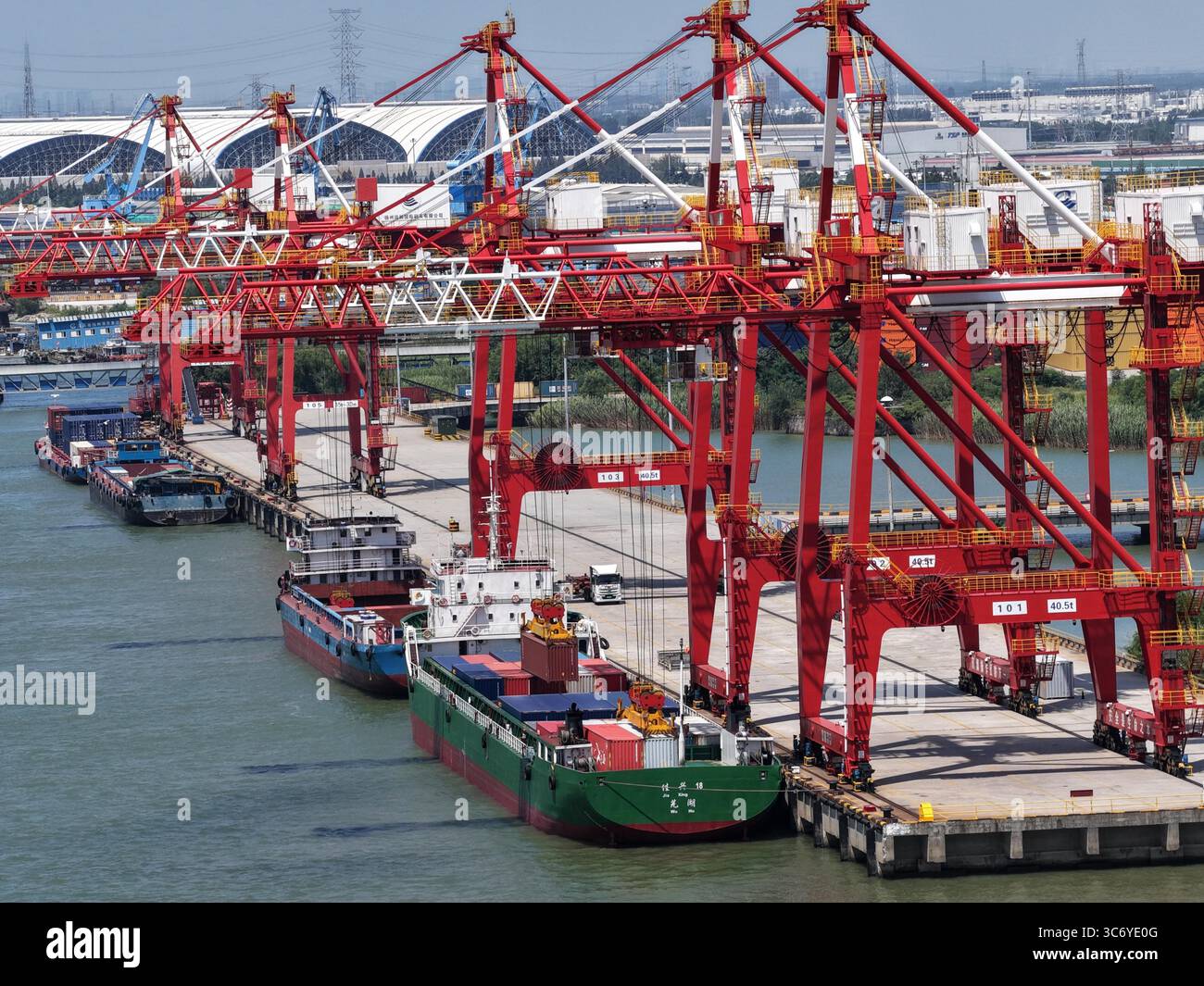 Aerial photo shows the busy container terminal at Yangzhou Port in ...