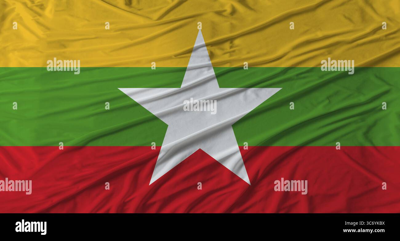Close up of Myanmar flag waving. Flag of Myanmar with cloth texture ...