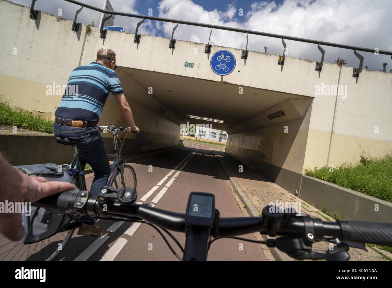 Roundabout in the Dutch city of Houten, the lanes for cars and bicycles ...